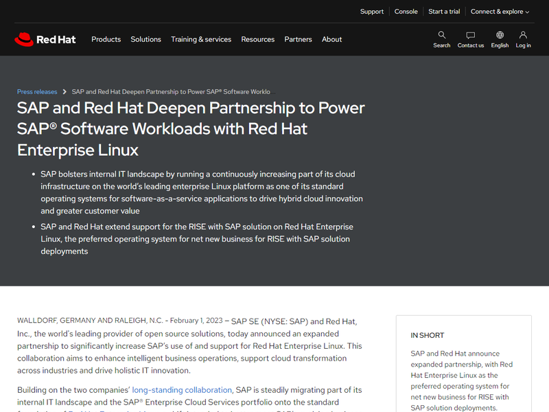 SAPとRed Hatが提携を拡大、Red Hat Enterprise Linux上のでSAPソフトウェアのワークロードをサポート ...
