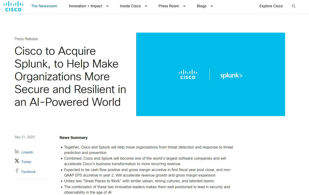 米Cisco、Splunkを約280億ドルで買収へ - クラウド Watch
