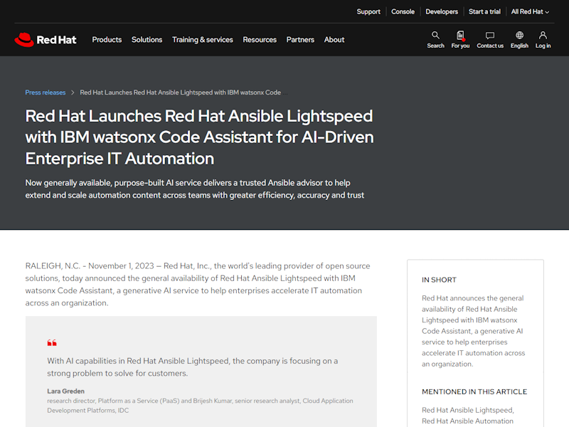 Red Hat、Ansibleのプレイブック作成を生成AIで支援する「Red Hat Ansible Lightspeed with IBM ...